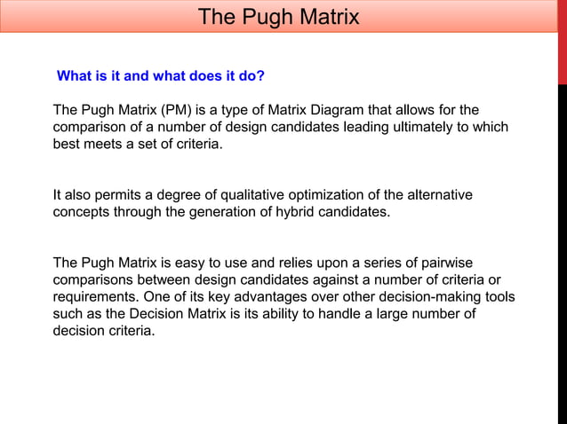 Pugh matrix concept evaluation in Design | PPTX