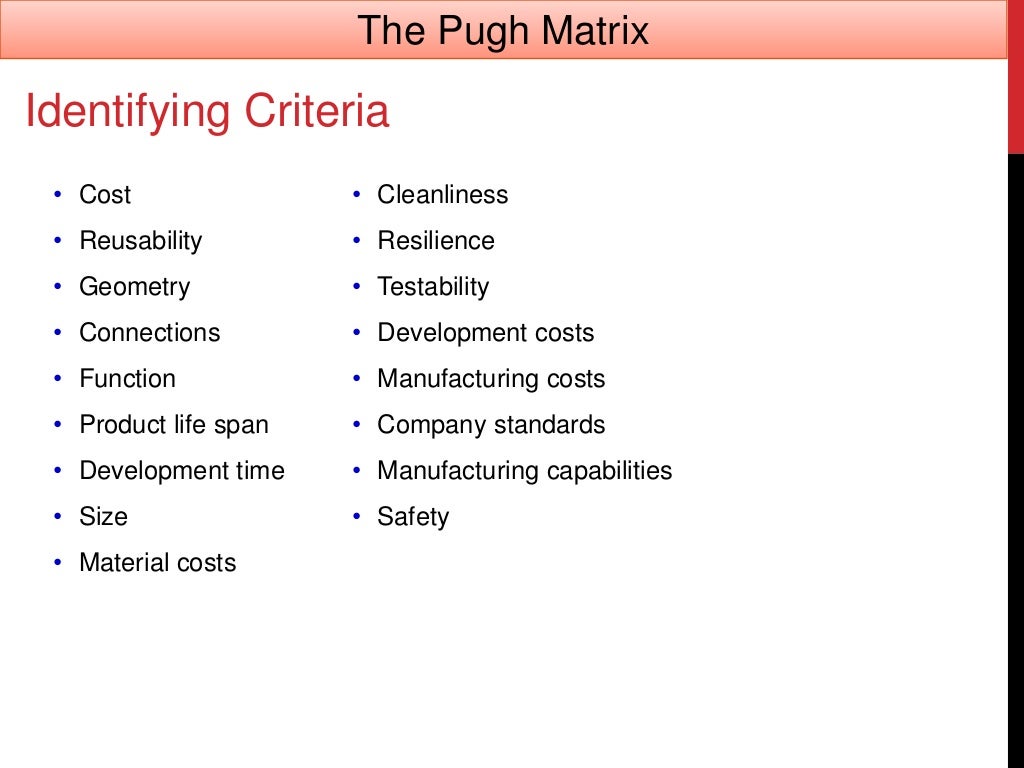 Pugh matrix concept evaluation in Design Pugh matrix concept evaluation in Design