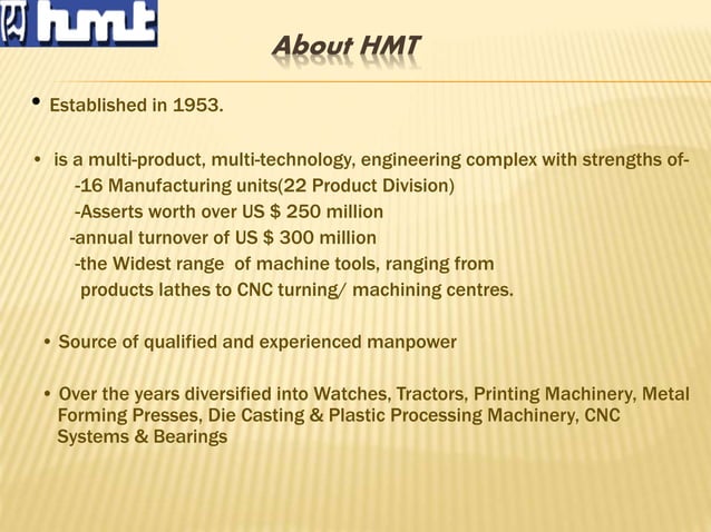 PPT on HMT Ajmer unit By Pukhraj palariya | PPTX