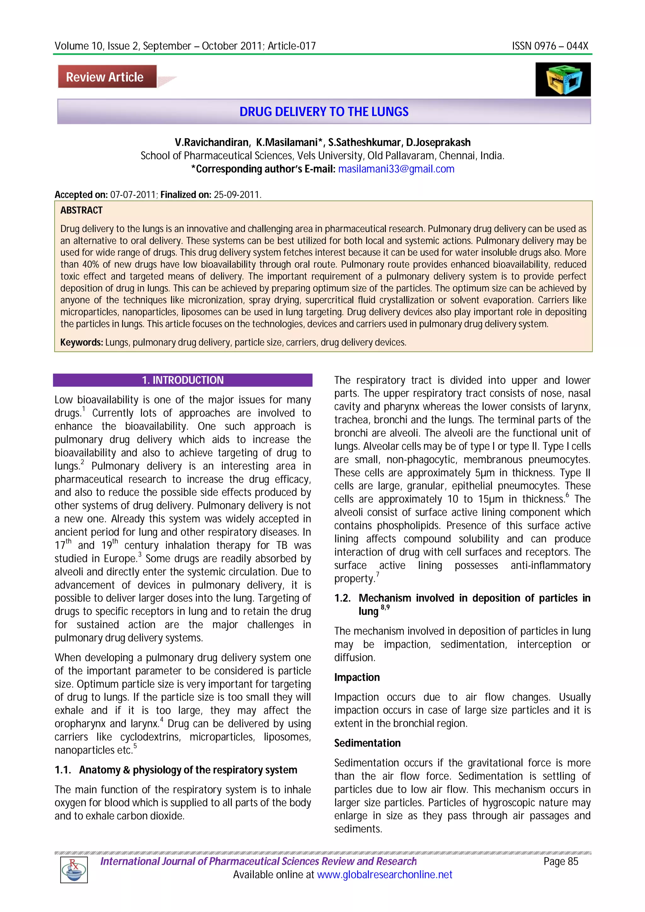 Pulmonary drug delivery | PDF
