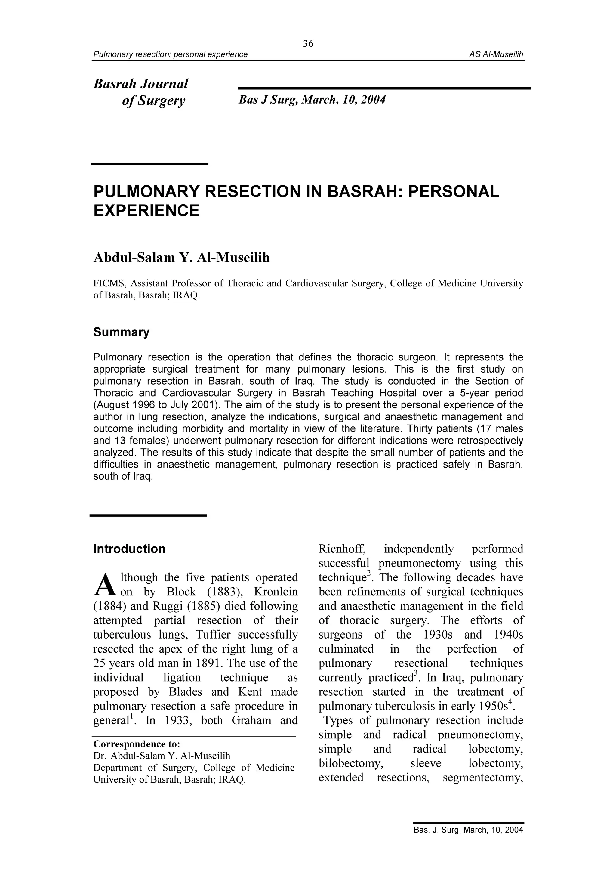 Pulmonary resection in basrah: personal experience | PDF