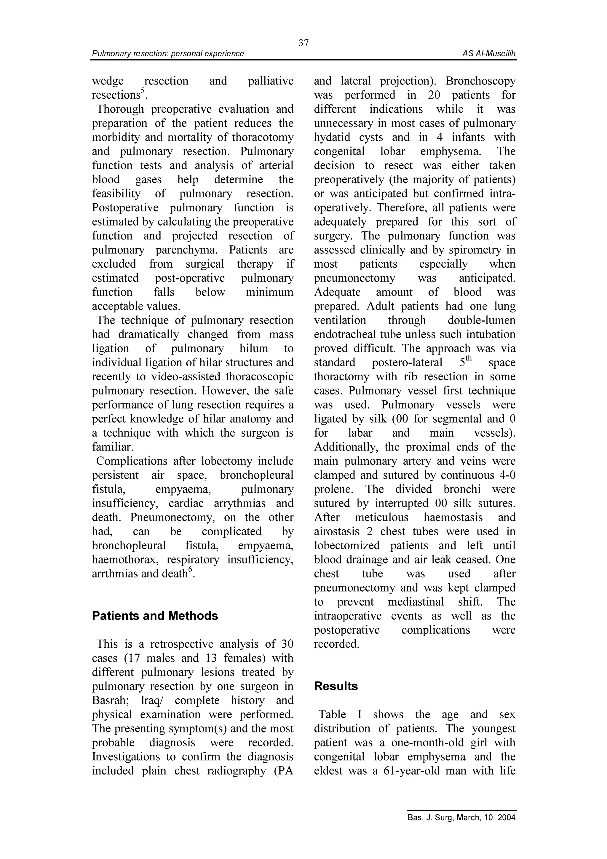 Pulmonary resection in basrah: personal experience | PDF