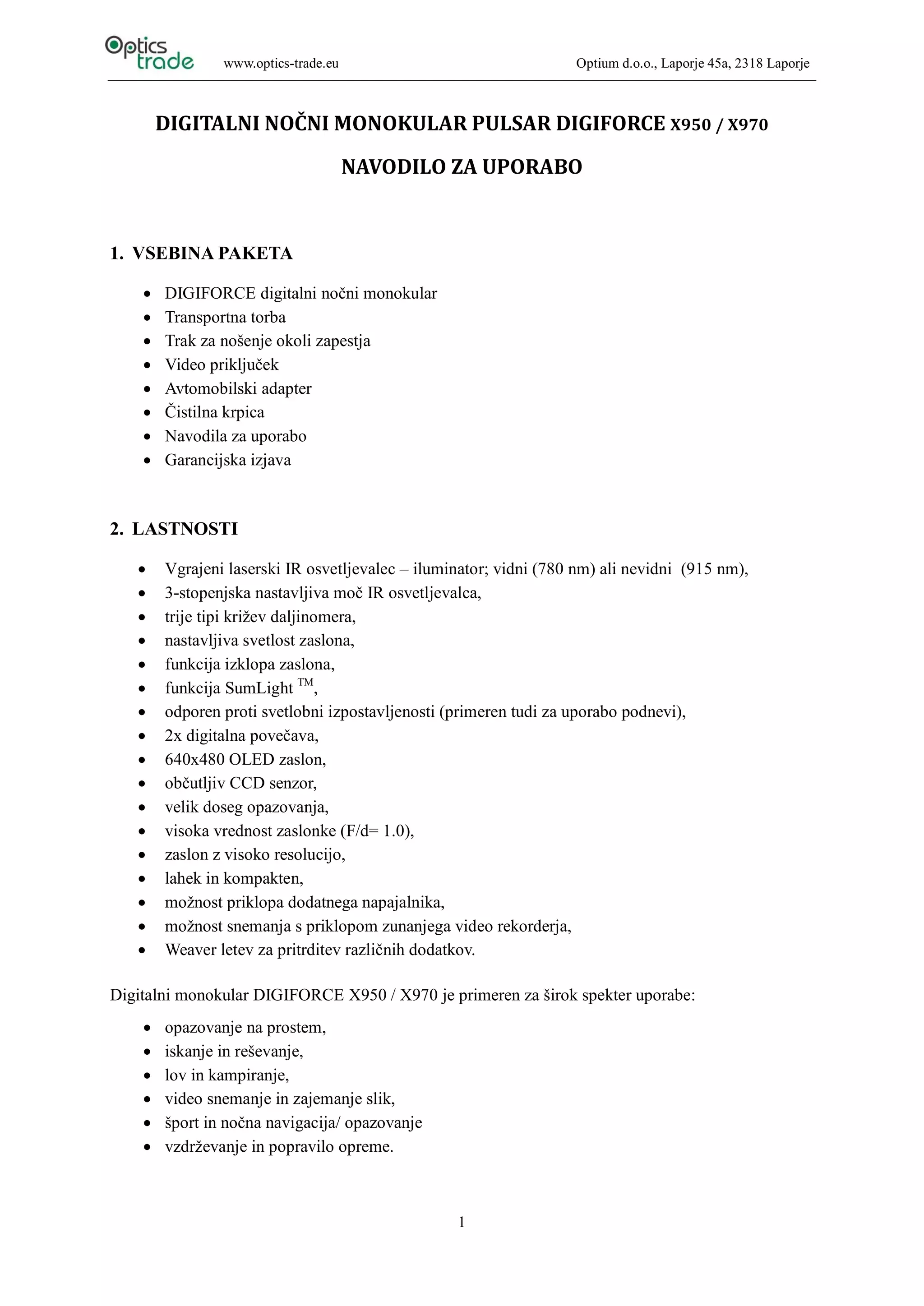 Navodilo | Pulsar digitalni monokular Digiforce X950, X970 | Optics ...