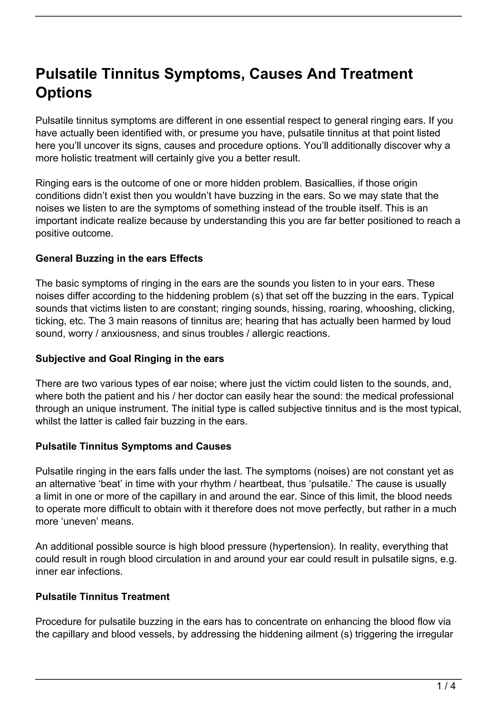 Pulsatile Tinnitus Symptoms, Causes And Treatment Options | PDF