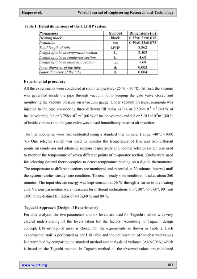 PARAMETRIC OPTIMIZATION OF PULSATING HEAT PIPE BY TAGUCHI METHOD | PDF
