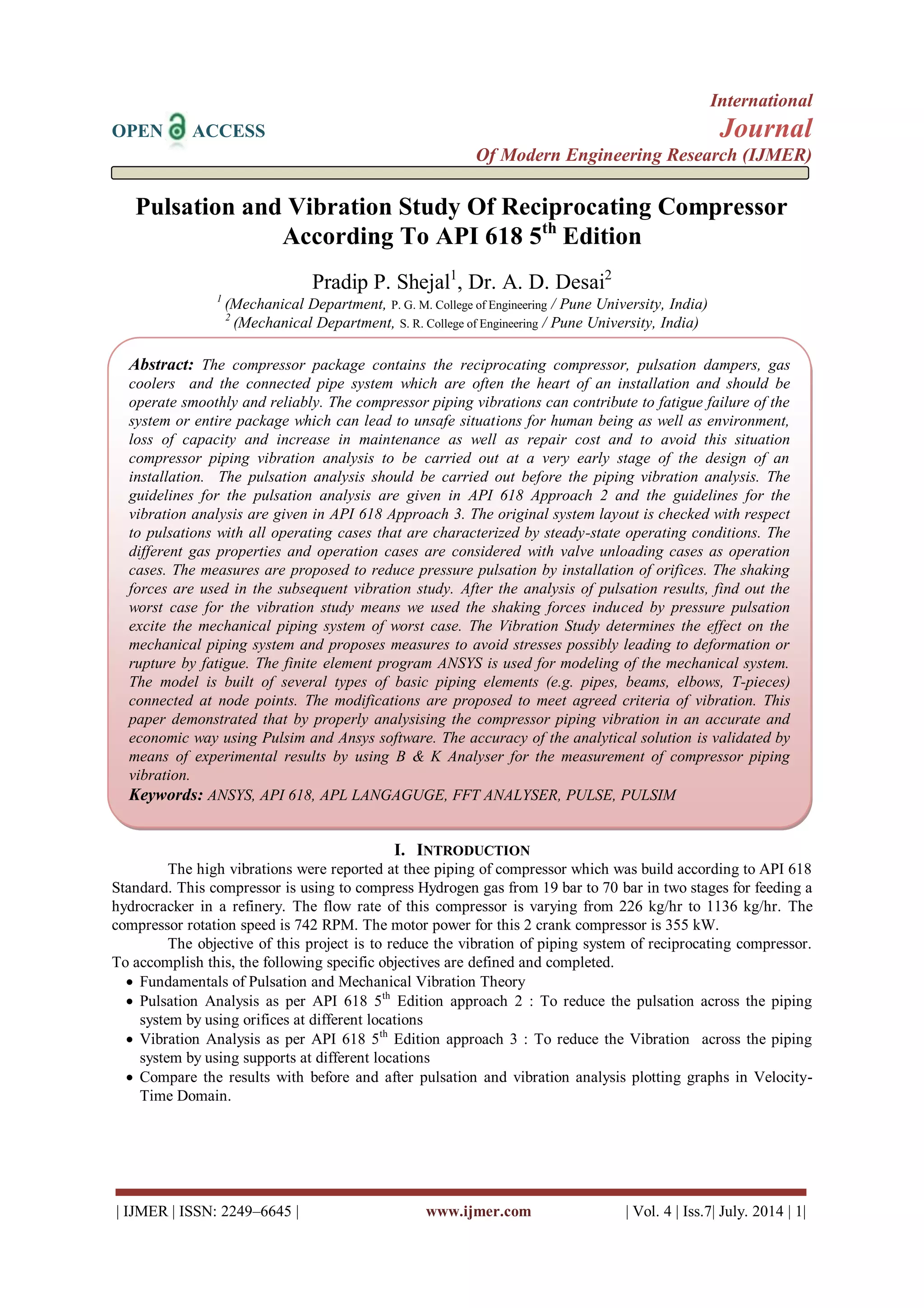 Pulsation and vibration study of reciprocating compressor according to ...