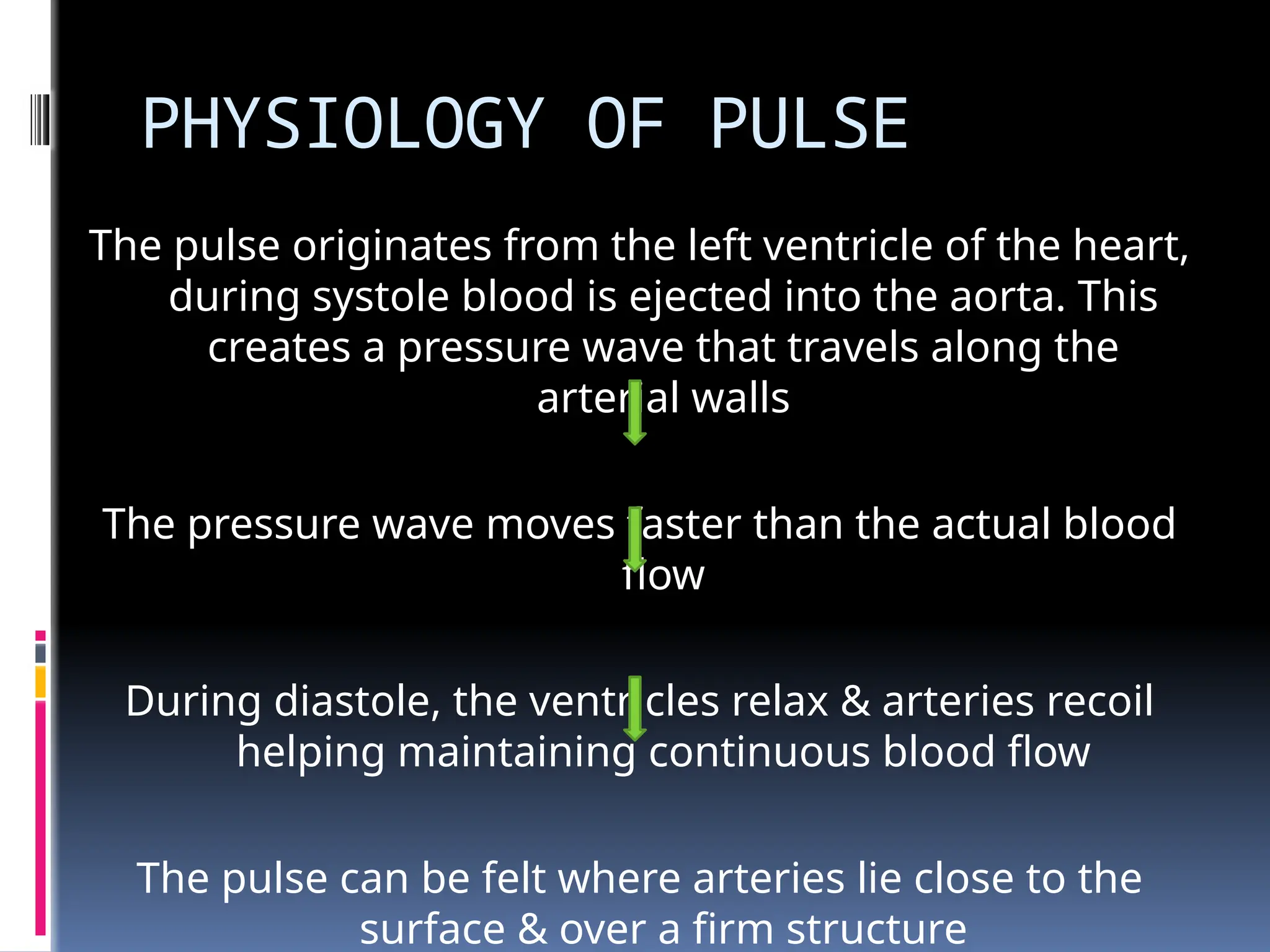 PULSE.pptx. UNDERSTANDING PULSE,PHYSIOLOGY,CHARACTERSTICS, FACTORS ...