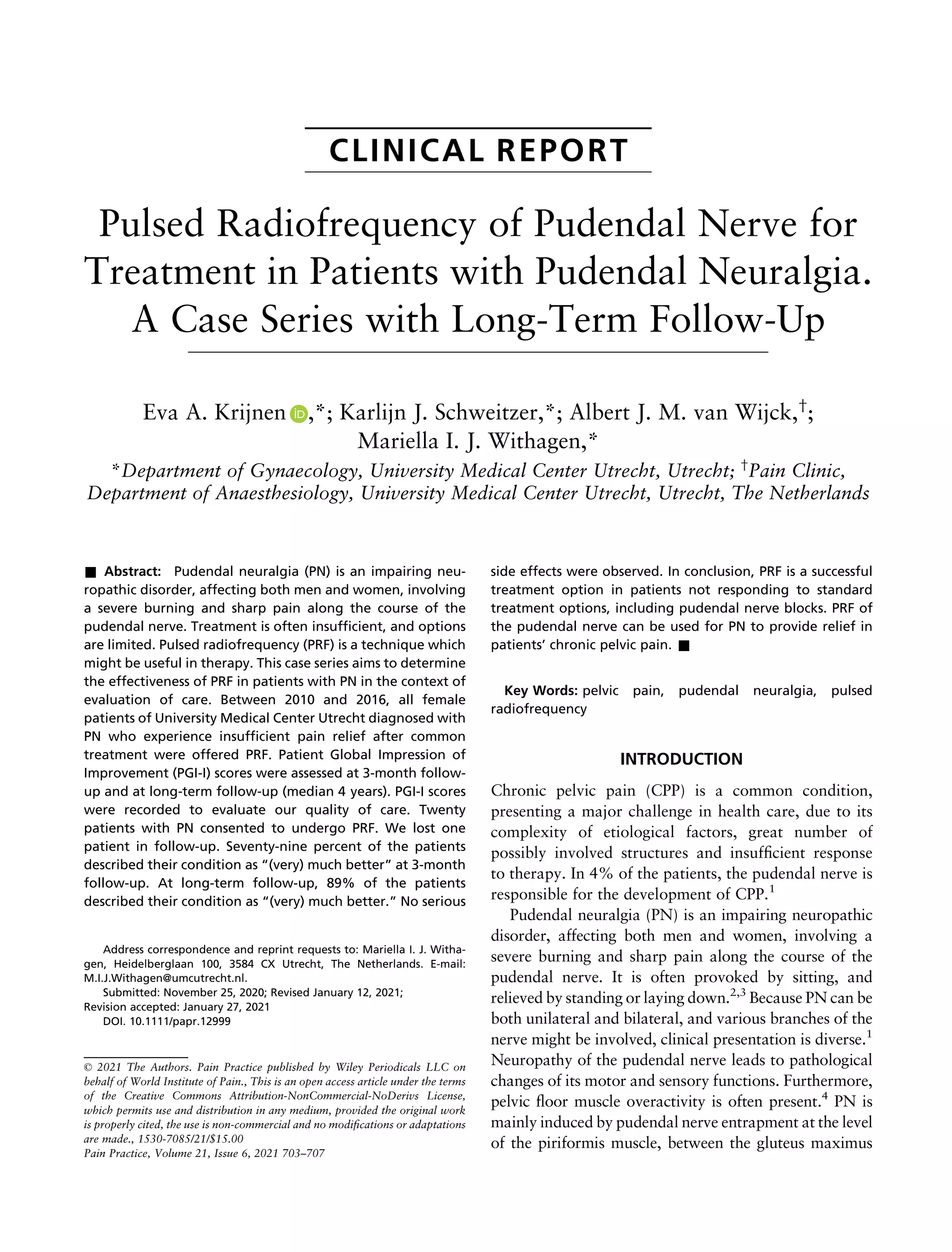 Pulsed Radiofrequency of Pudendal Nerve for Treatment in Patients with Pudendal Neuralgia. A ...