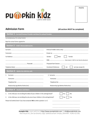 Pumpkin Kidz Admission Form | PDF
