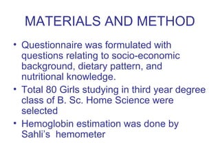 Role of home science education on food pattern of college going girls | PPT