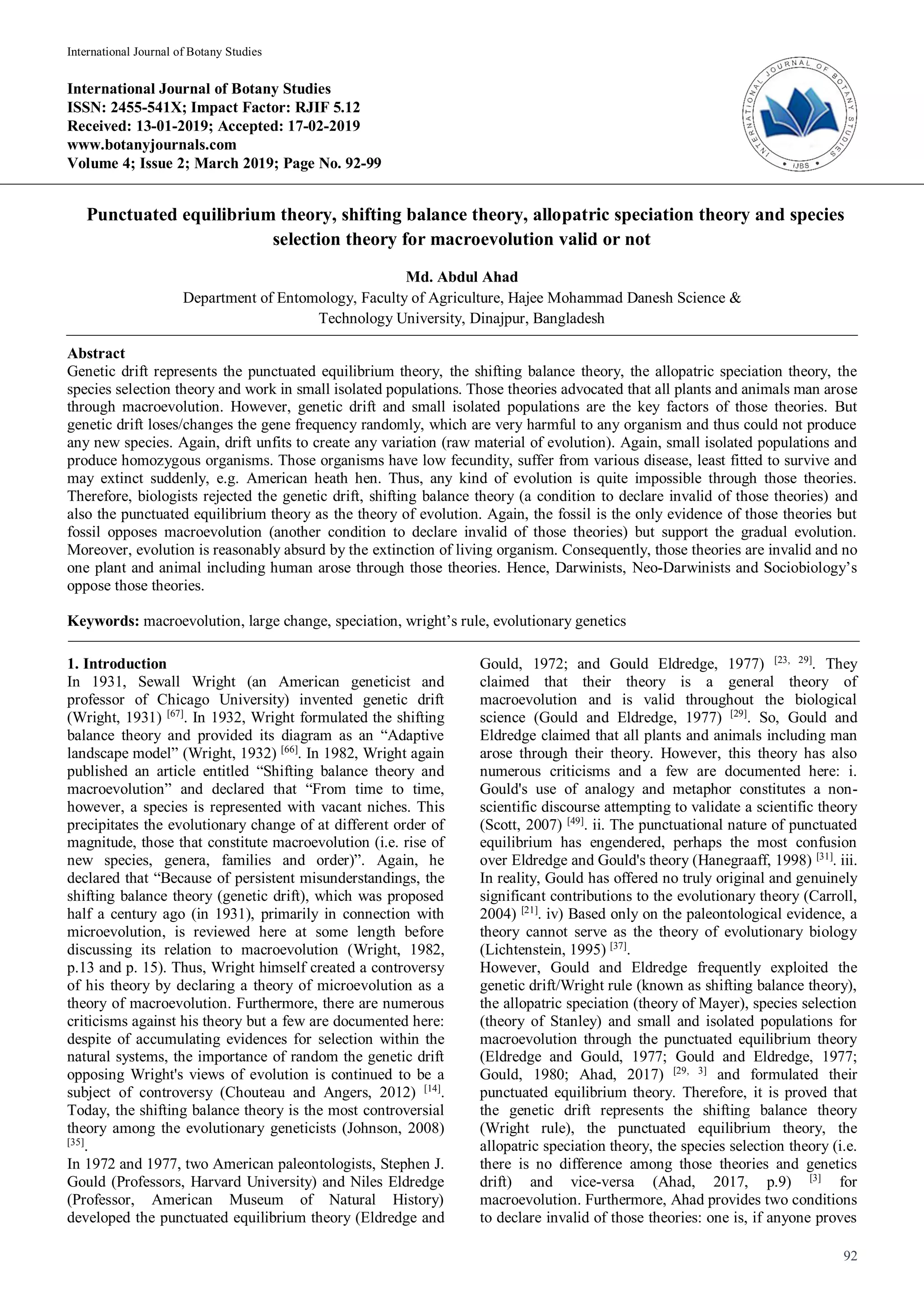 Punctuated equilibrium theory, shifting balance theory, allopatric ...