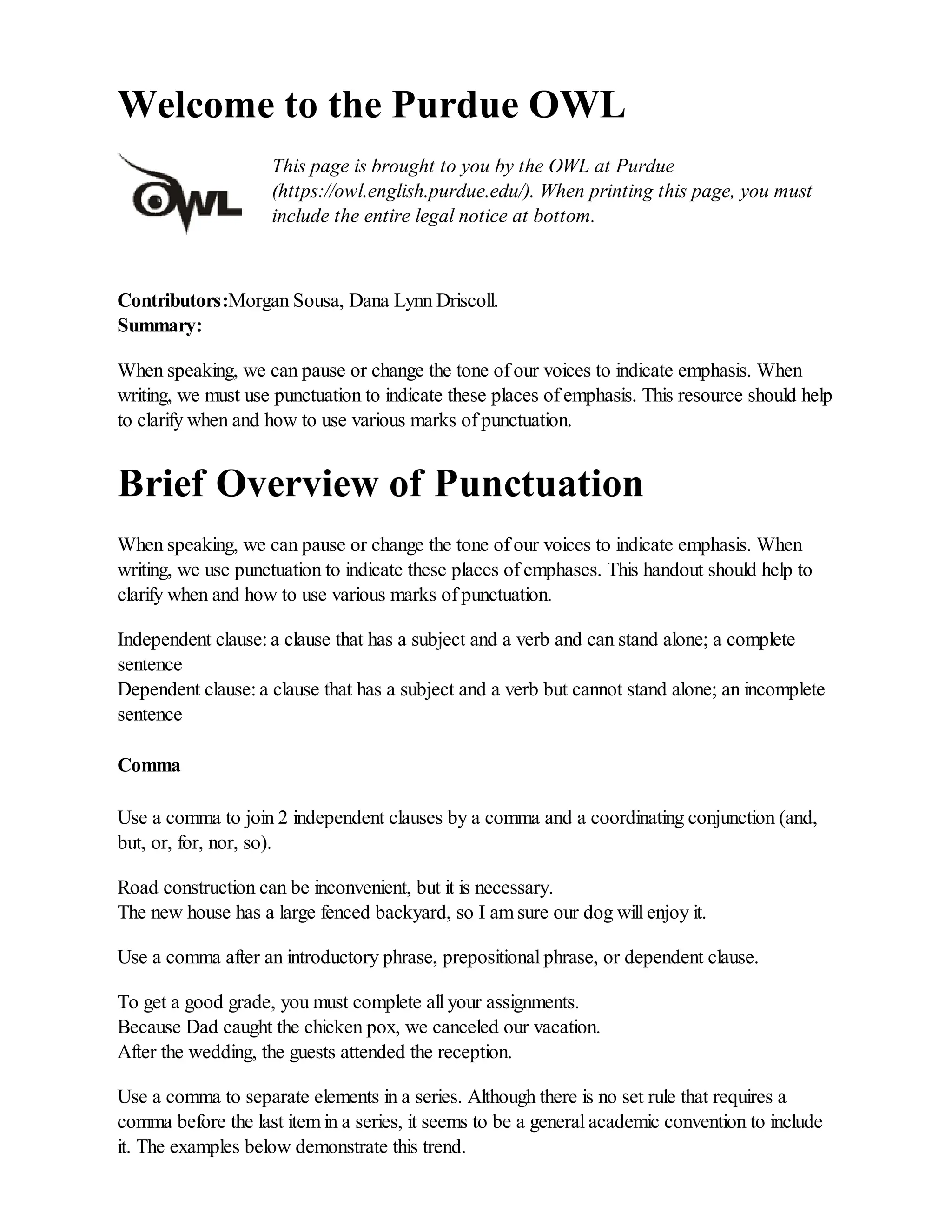 Brief Overview of Punctuation - writing lab | PDF