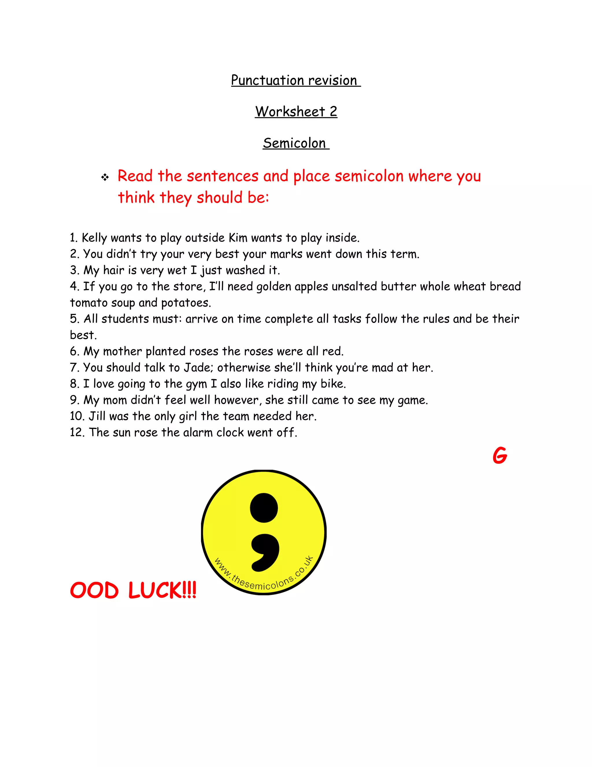 Punctuation Revision,Semicolon Worksheet2 | PDF