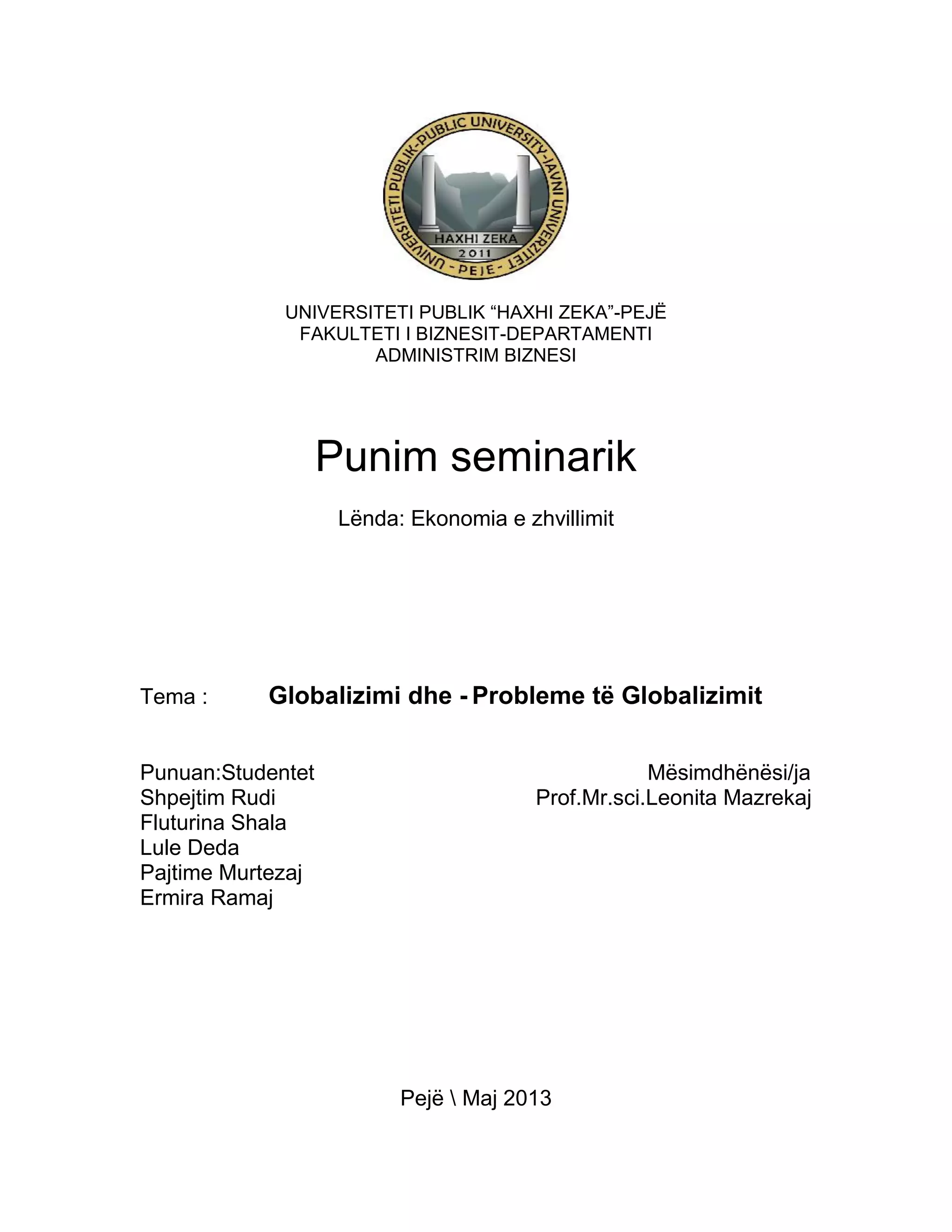 Punim seminarik globalizimi dhe - probleme të globalizimit | PDF