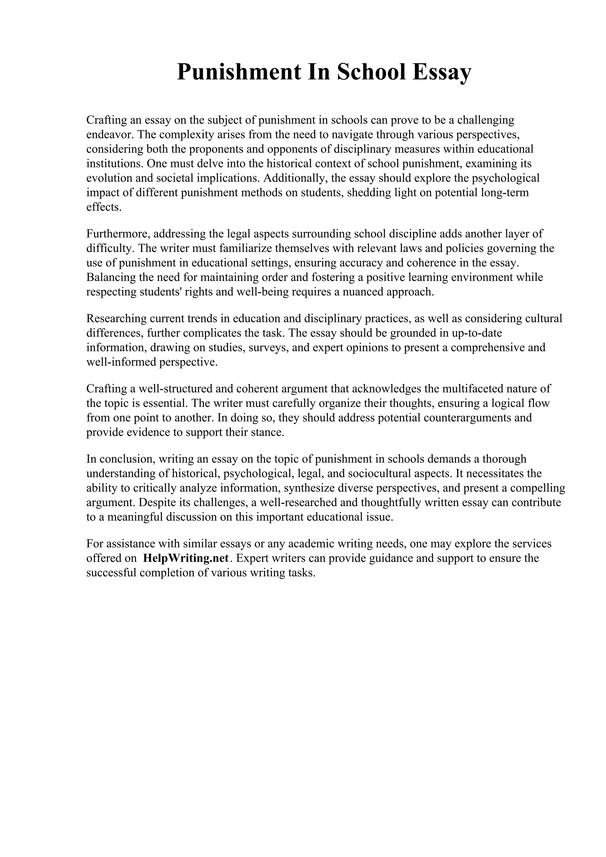 Punishment In School Essay. Montclair State University | PDF