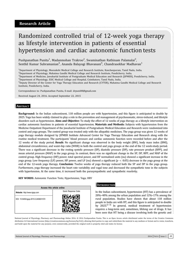Randomized controlled trial of 12-week yoga therapy as lifestyle intervention in patients of ...