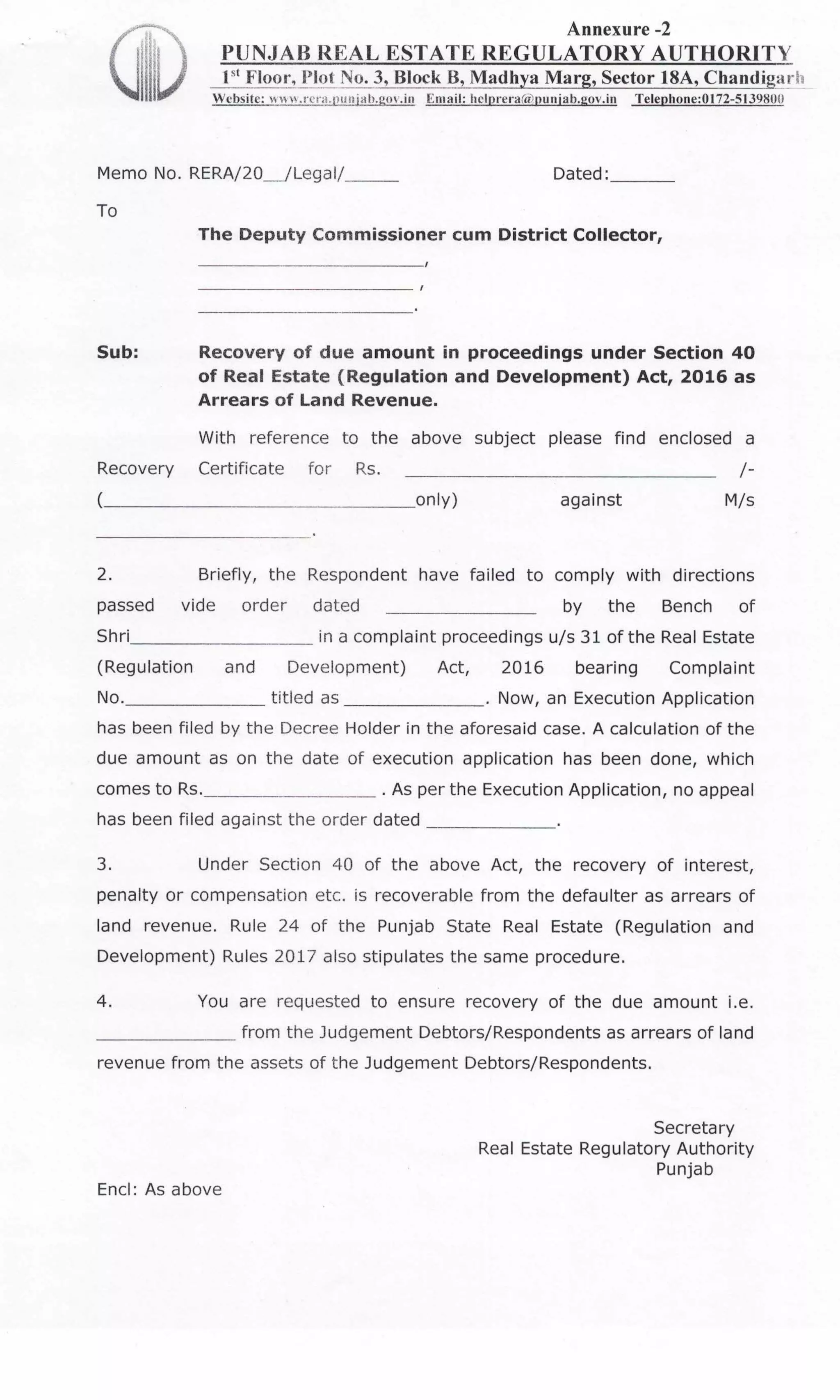 Punjab RERA Execution of Orders | PDF