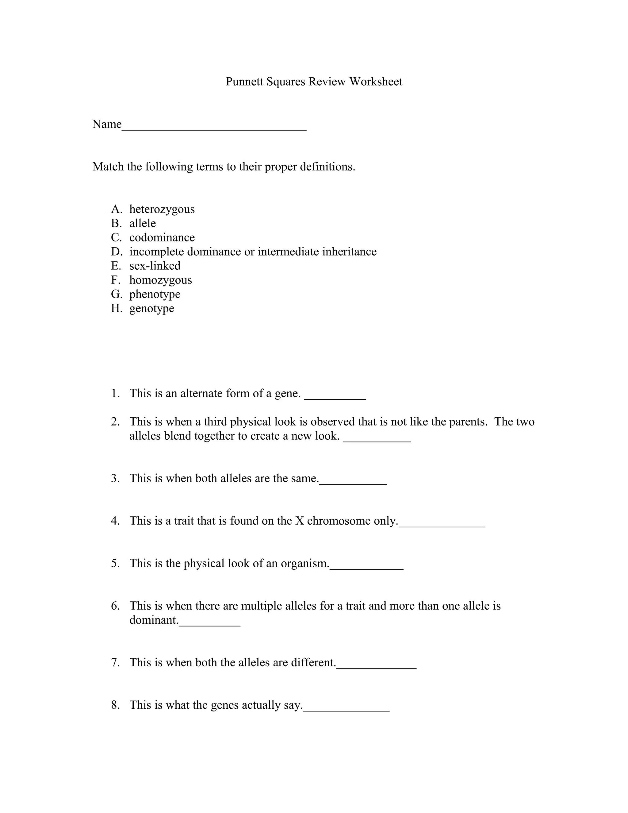 Punnett Squares Review Worksheet | DOC