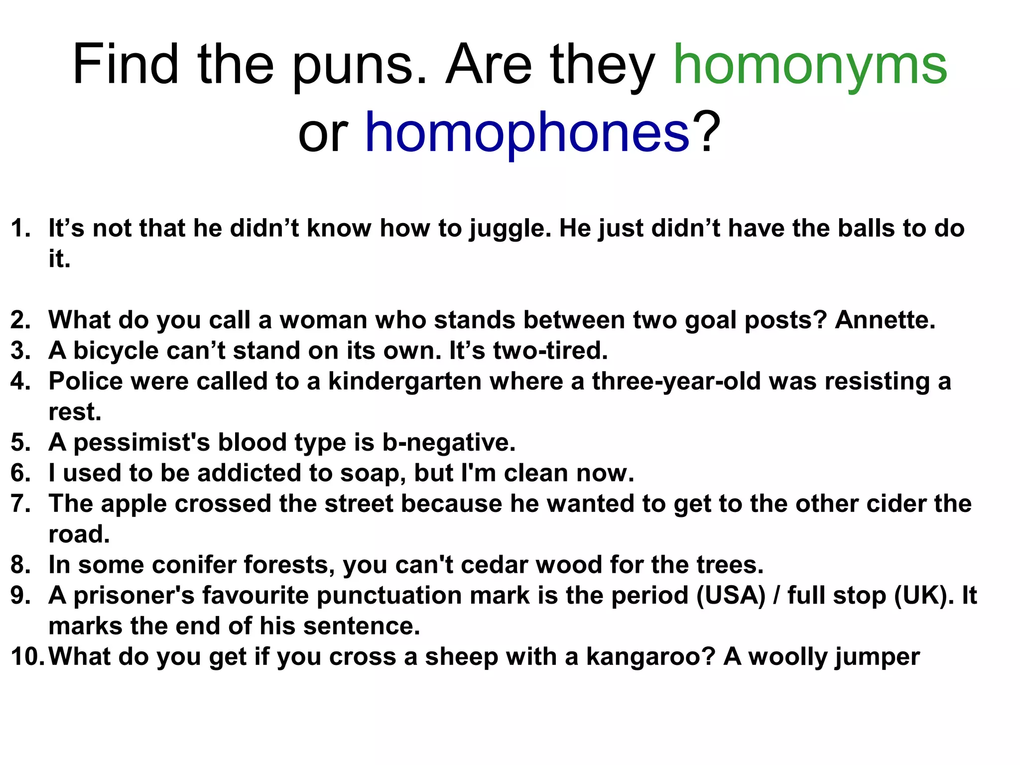 Puns - Homophones and Homonyms | PPT