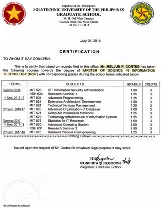 PUP MSIT Certificate of GRADE 36 units (Master of Science in ...