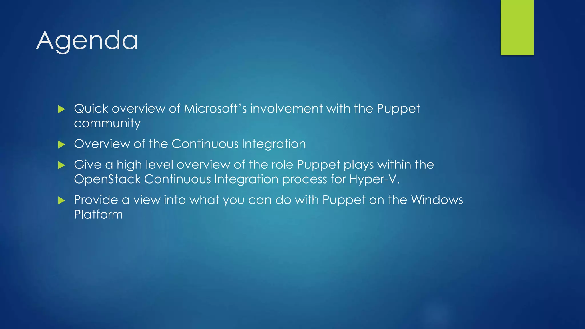 Puppet Camp Boston 2014: Continuous Integration for Hyper-V with Puppet (Beginner) | PPT