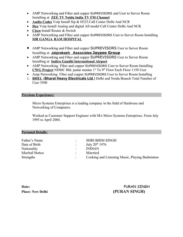 Puran singh resume | DOC | Computer Networking | Computing