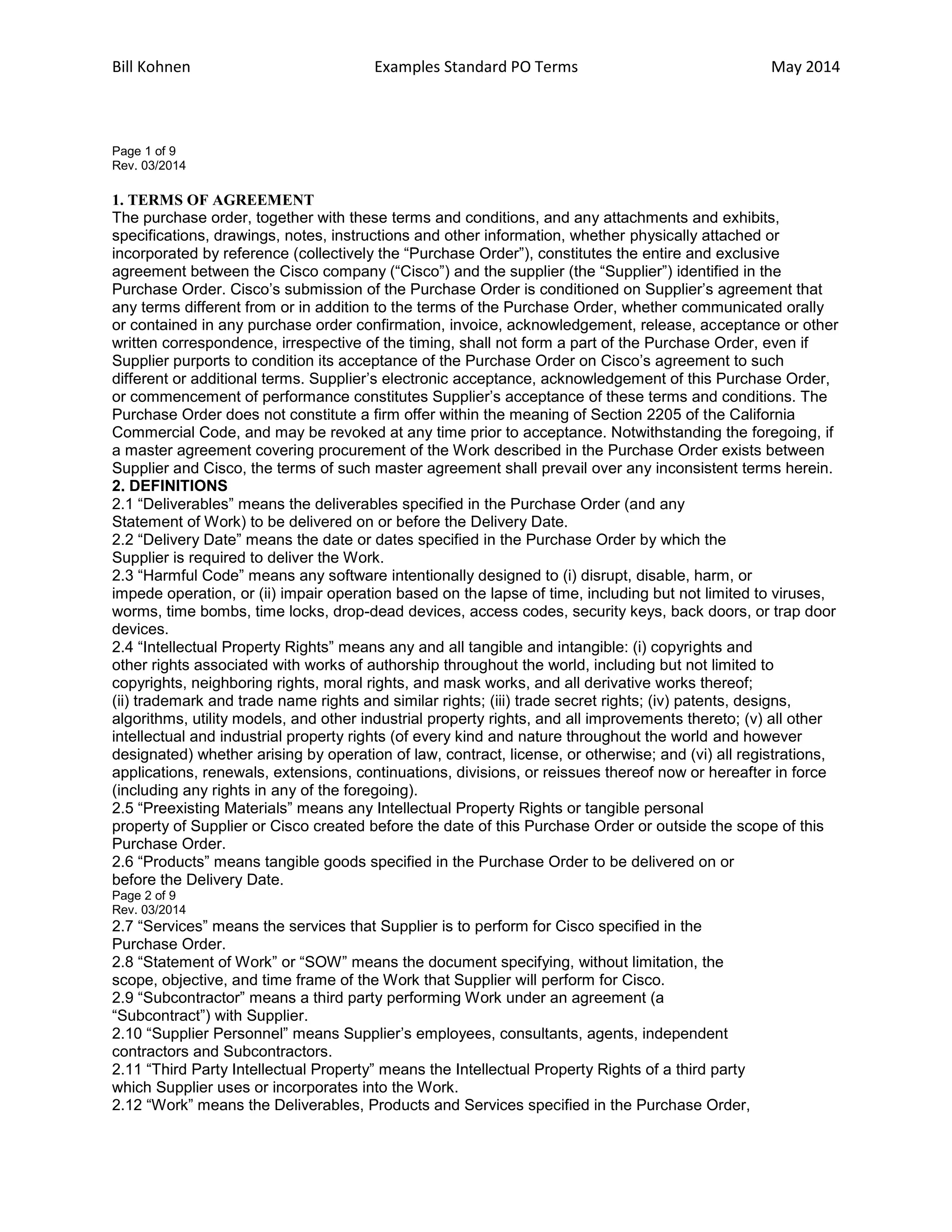 Purchase Order Boilerplate/Standard Terms Examples | DOCX