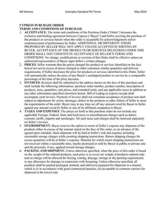 Purchase Order Boilerplate/Standard Terms Examples | DOCX | Logistics ...
