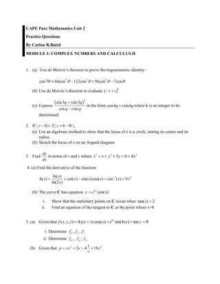 CAPE PURE MATHEMATICS UNIT 2 MODULE 1 PRACTICE QUESTIONS | PDF
