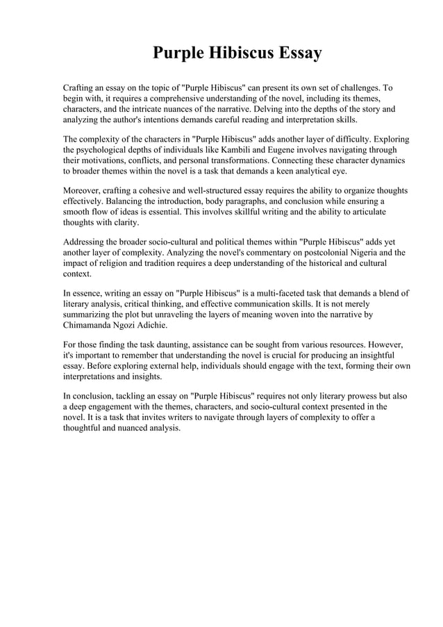 Purple Hibiscus Essay. Presidio Graduate School | PDF