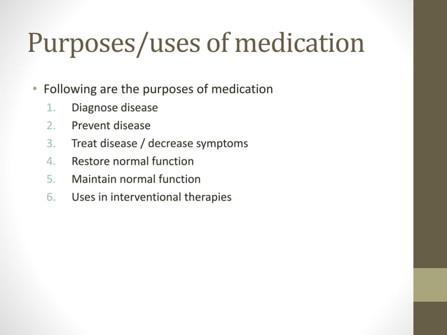 Purposes of medication | PPTX | Chemistry | Science