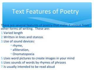 Purpose, text features, forms poetry-prose-drama | PPT | Genres