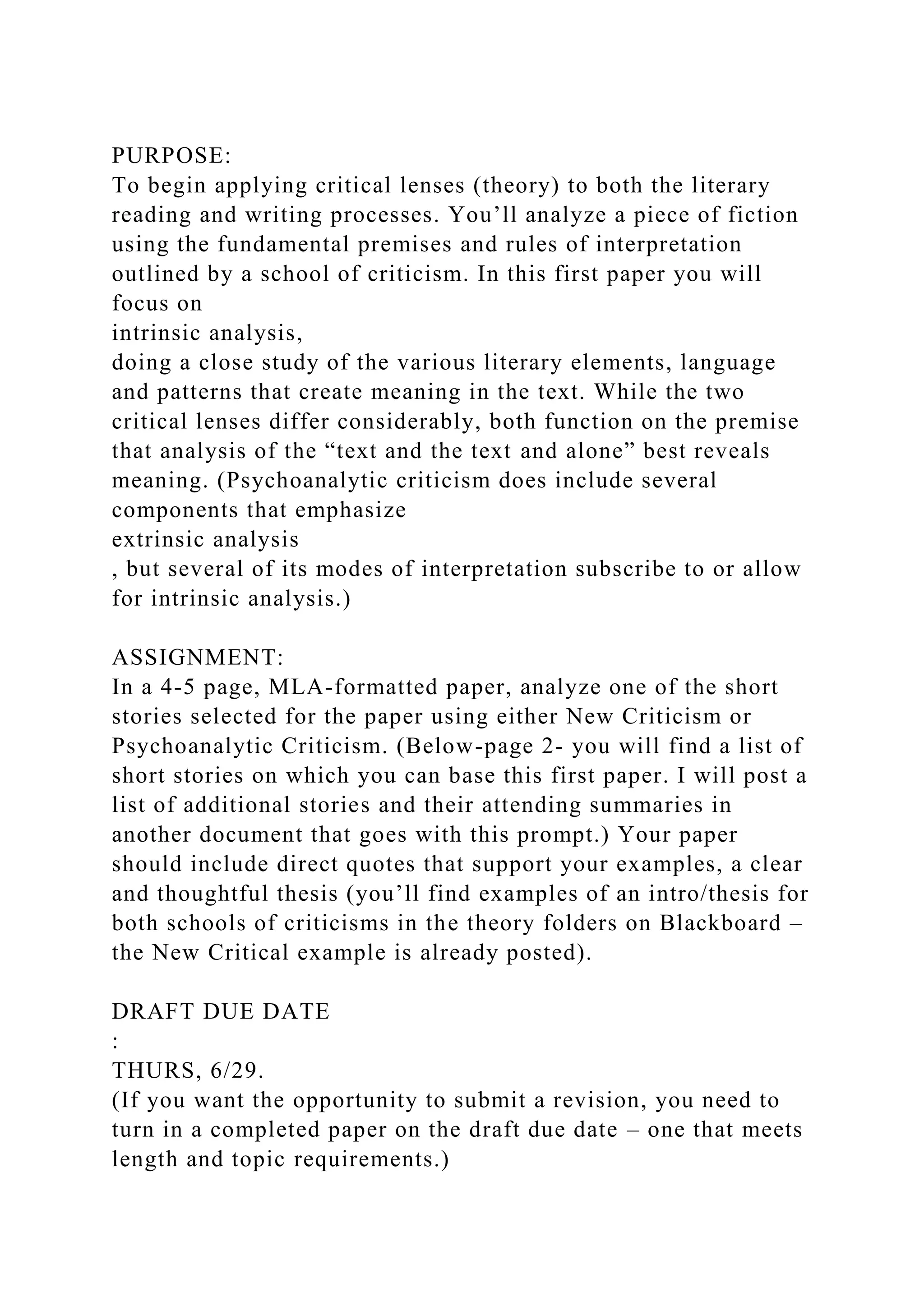 PURPOSE To begin applying critical lenses (theory) to both the li.docx ...