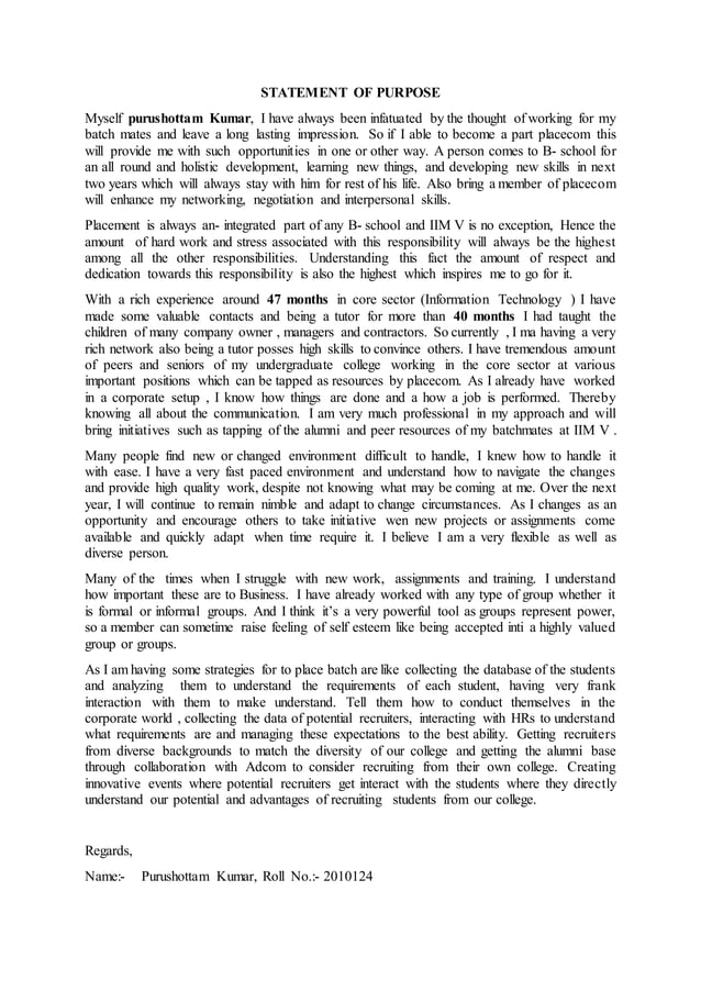 Purushottam kumar jpr STATEMENT OF PURPOSE TO JOIN JPR IN B COOLEGE | PDF