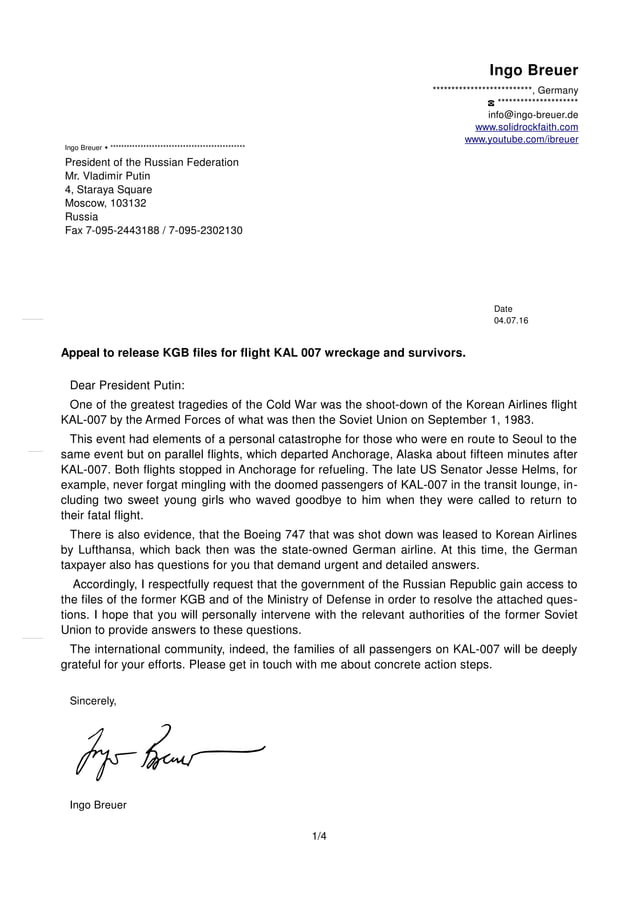 Letter to Russian President Putin Demanding Release of KAL007 ...