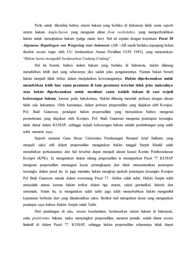 Analisis Putusan praperadilan kasus budi gunawan oleh hakim sarpin rizaldi | DOCX