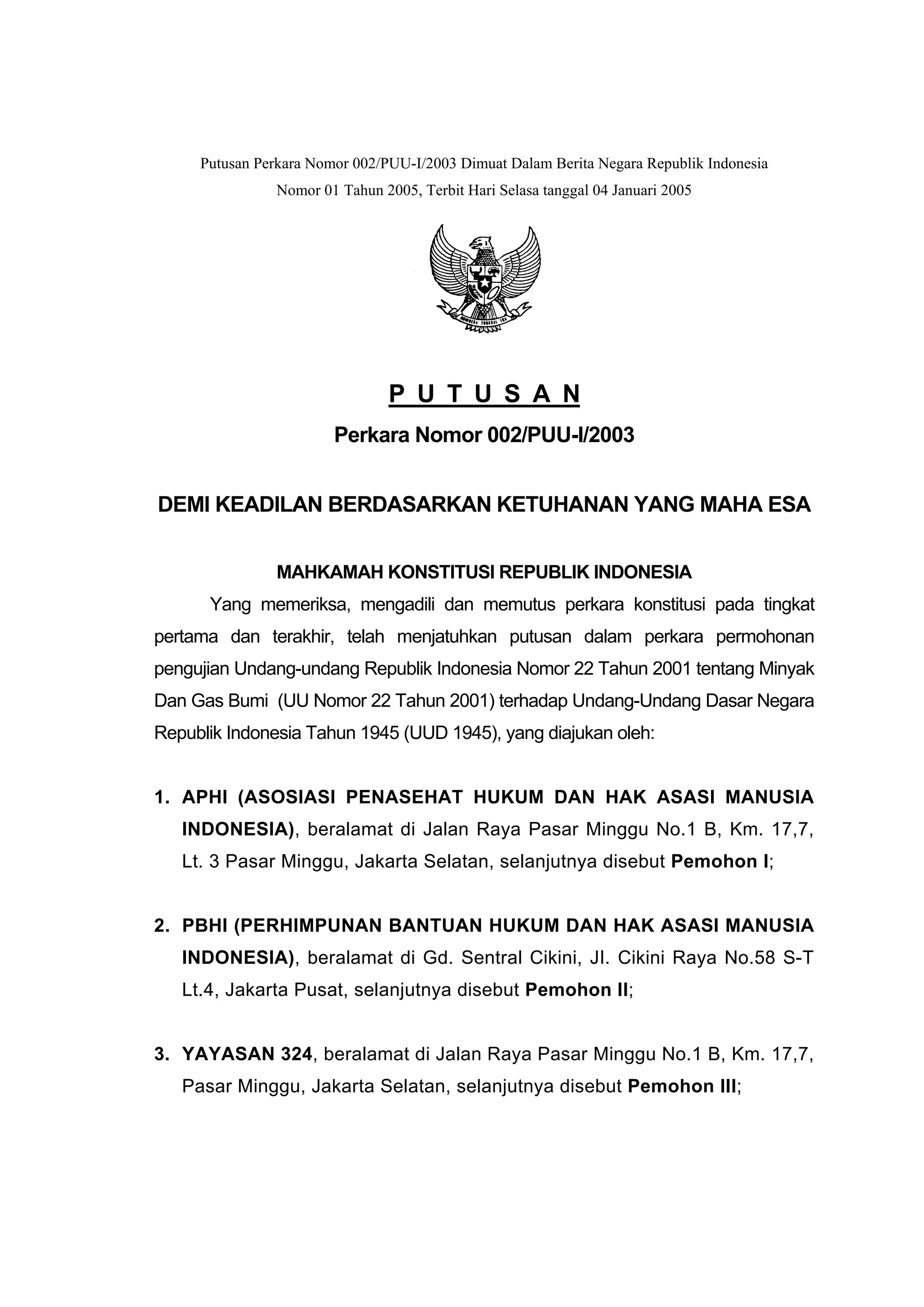 Kumpulan Putusan Uji Materi UU 22/2001 tentang Minyak dan Gas Bumi | PDF
