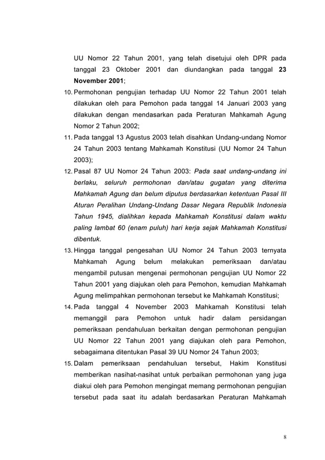 Kumpulan Putusan Uji Materi UU 22/2001 tentang Minyak dan Gas Bumi | PDF