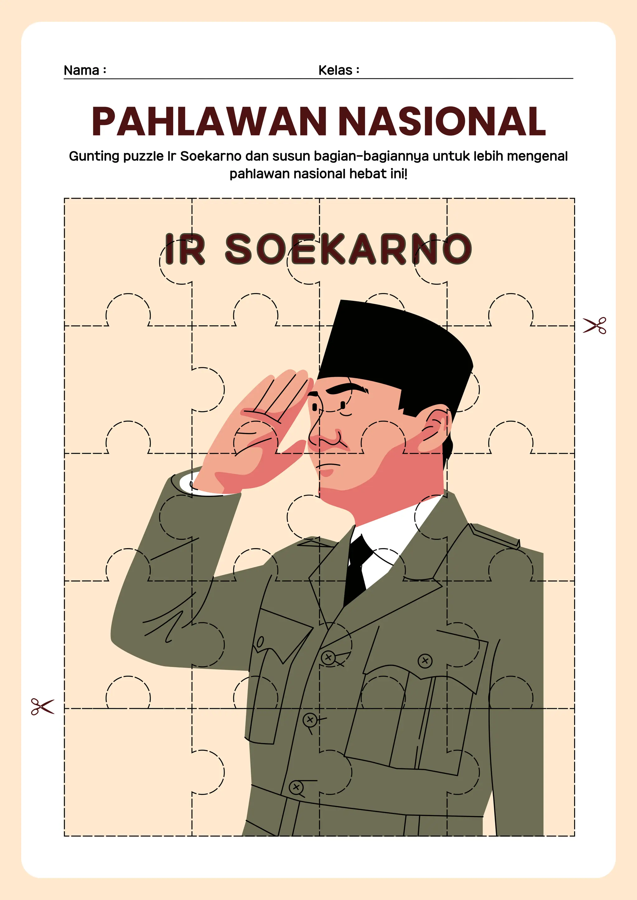 Puzzle Pahlawan Nasional Lembar Kerja Aktivitas Permainan Krem ...