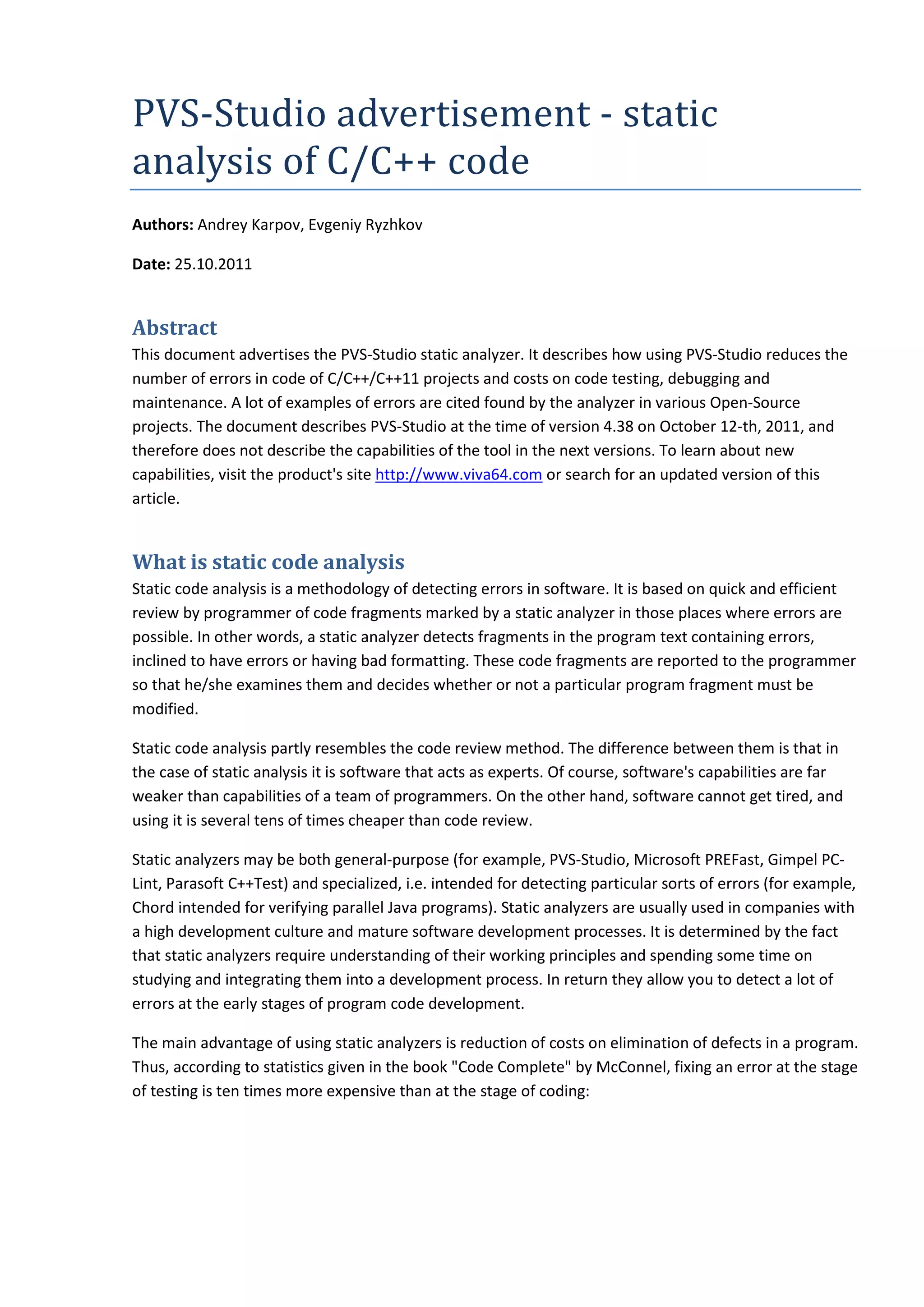 PVS-Studio advertisement - static analysis of C/C++ code | PDF