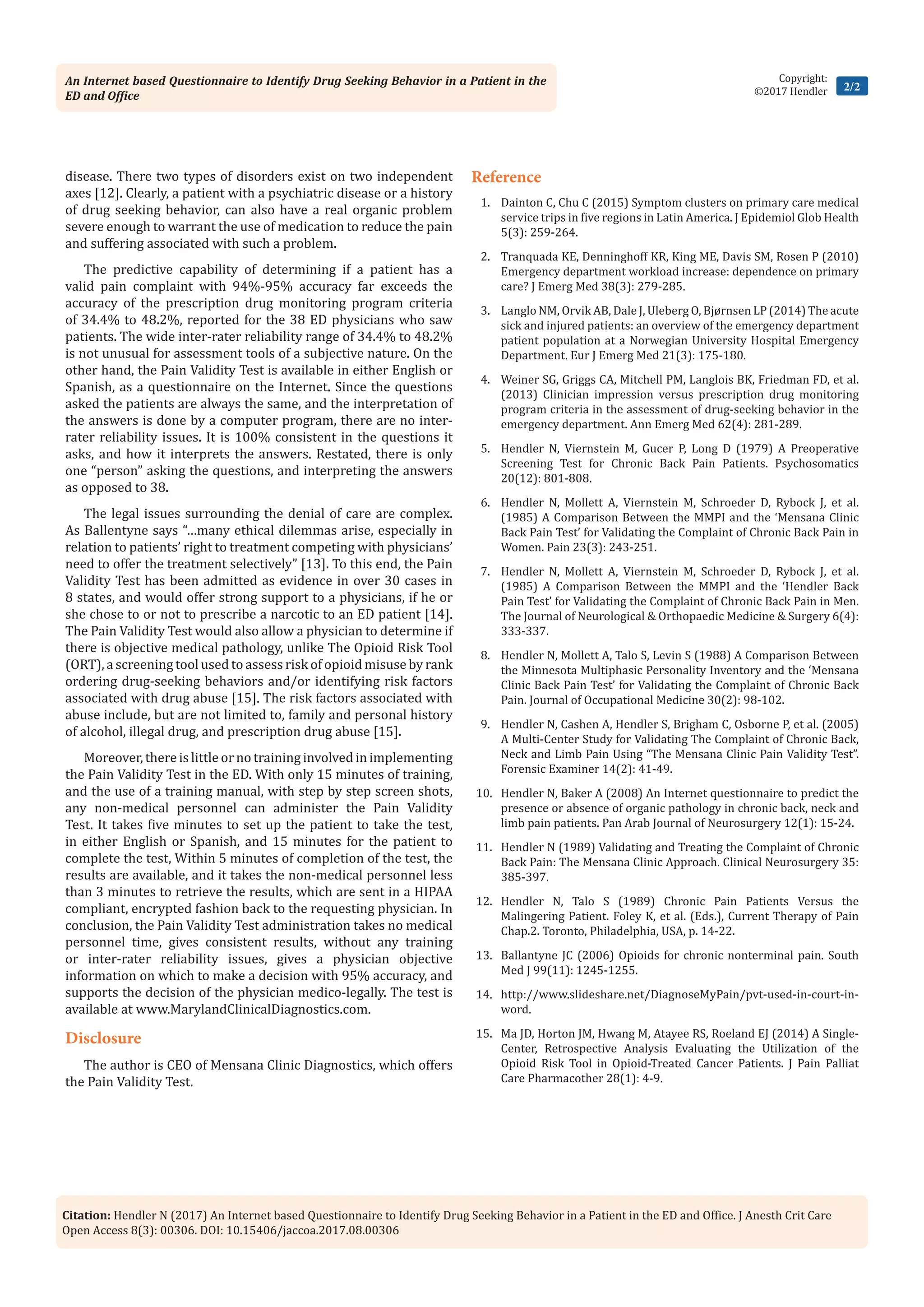 An Internet questionnaire to identify Drug seeking behavior in a patient in the ED and office | PDF