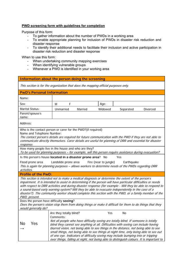 Pwd screening form with guidelines for completion | PDF