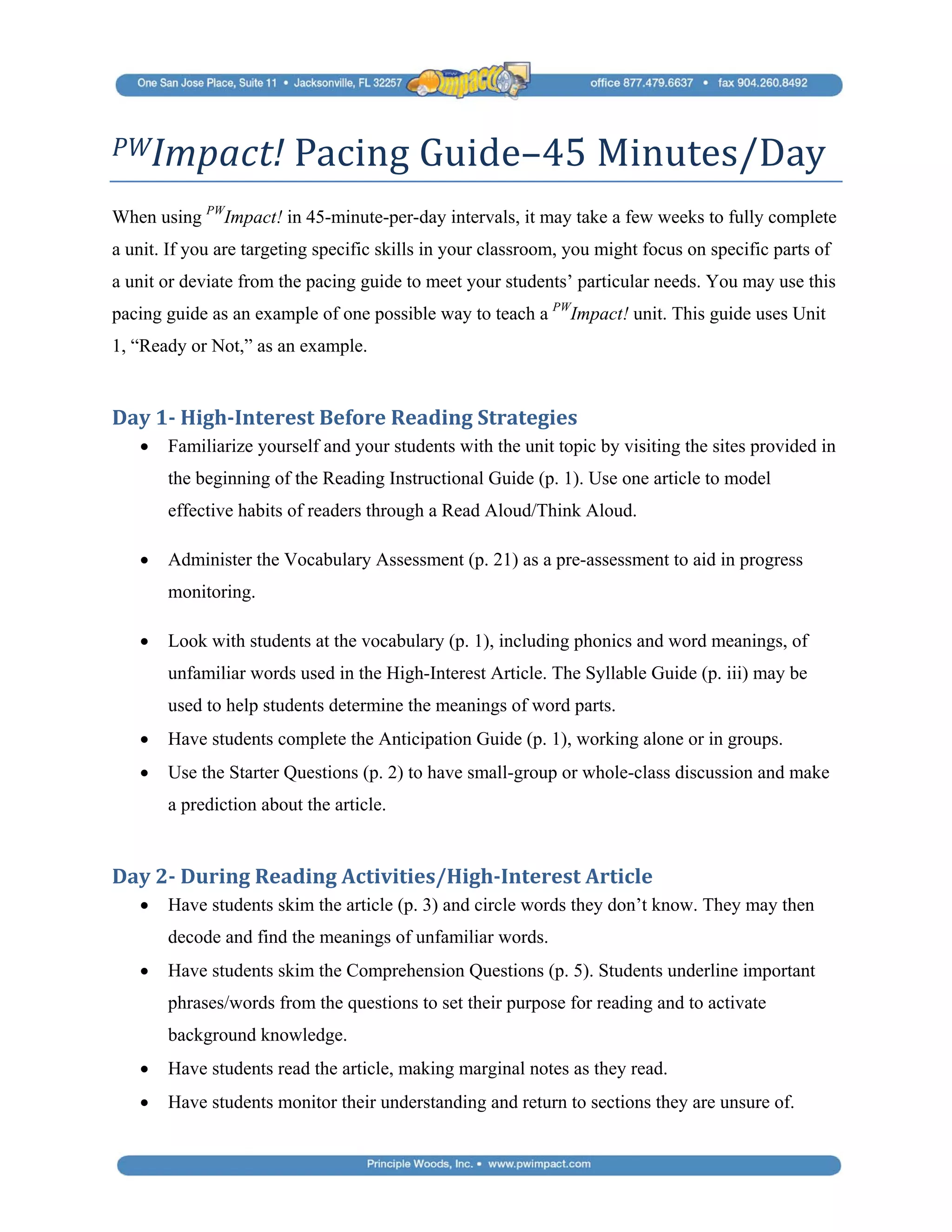 Pw Impact Pacing Guide | PDF