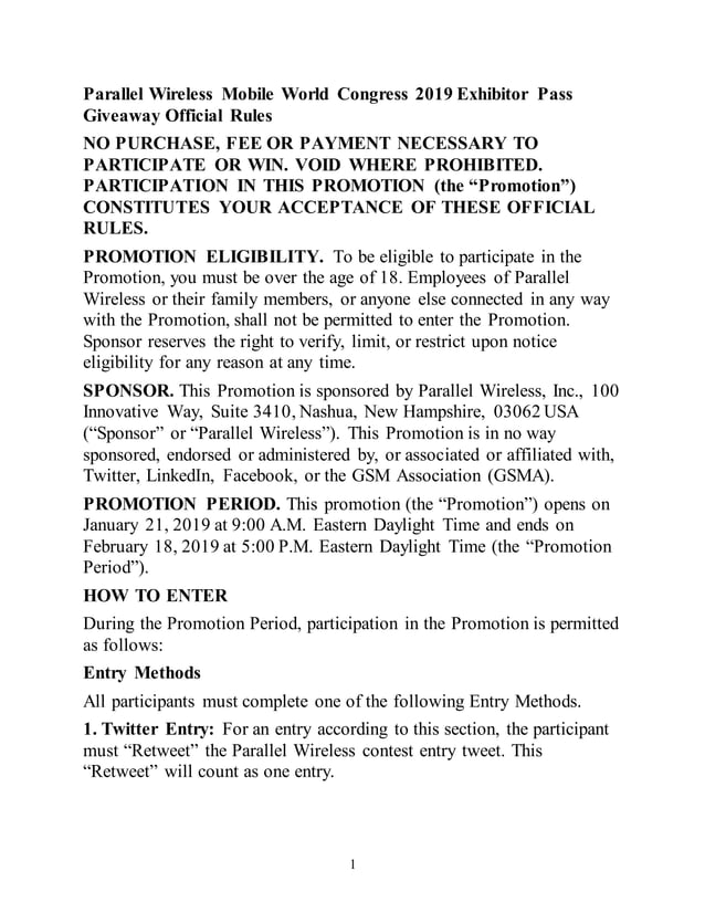 Parallel Wireless terms and conditions, MWC 2019 Exhibition Pass Giveaway | PDF