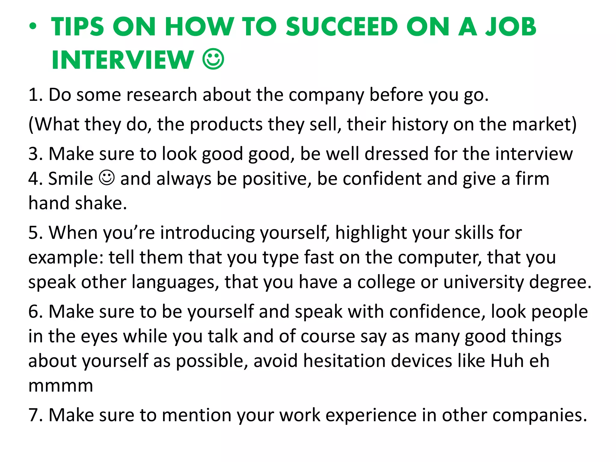 Jobs- ESL- vocabulary and tips for interviews. | PPTX