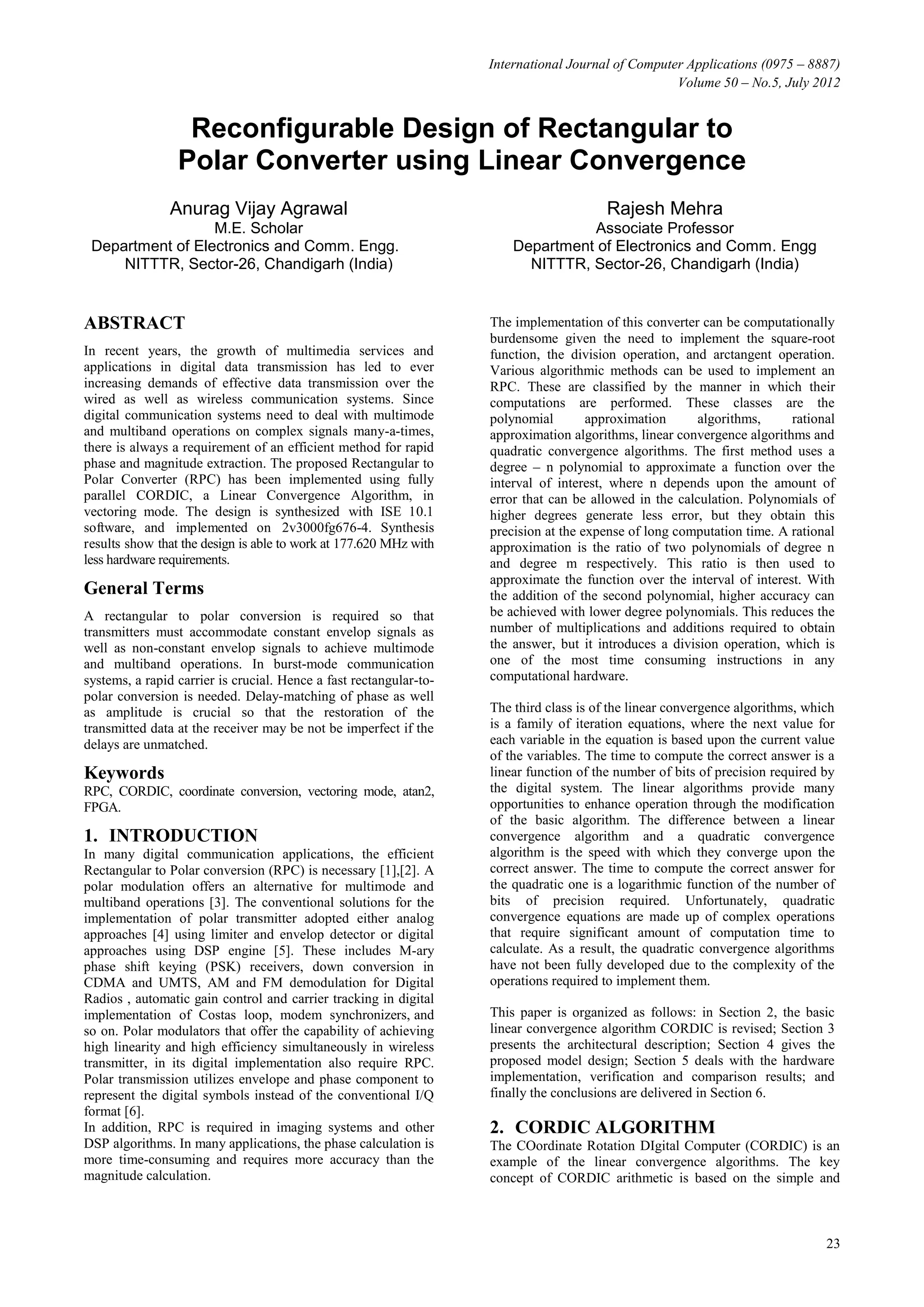 Reconfigurable Design Of Rectangular To Polar Converter Using Linear