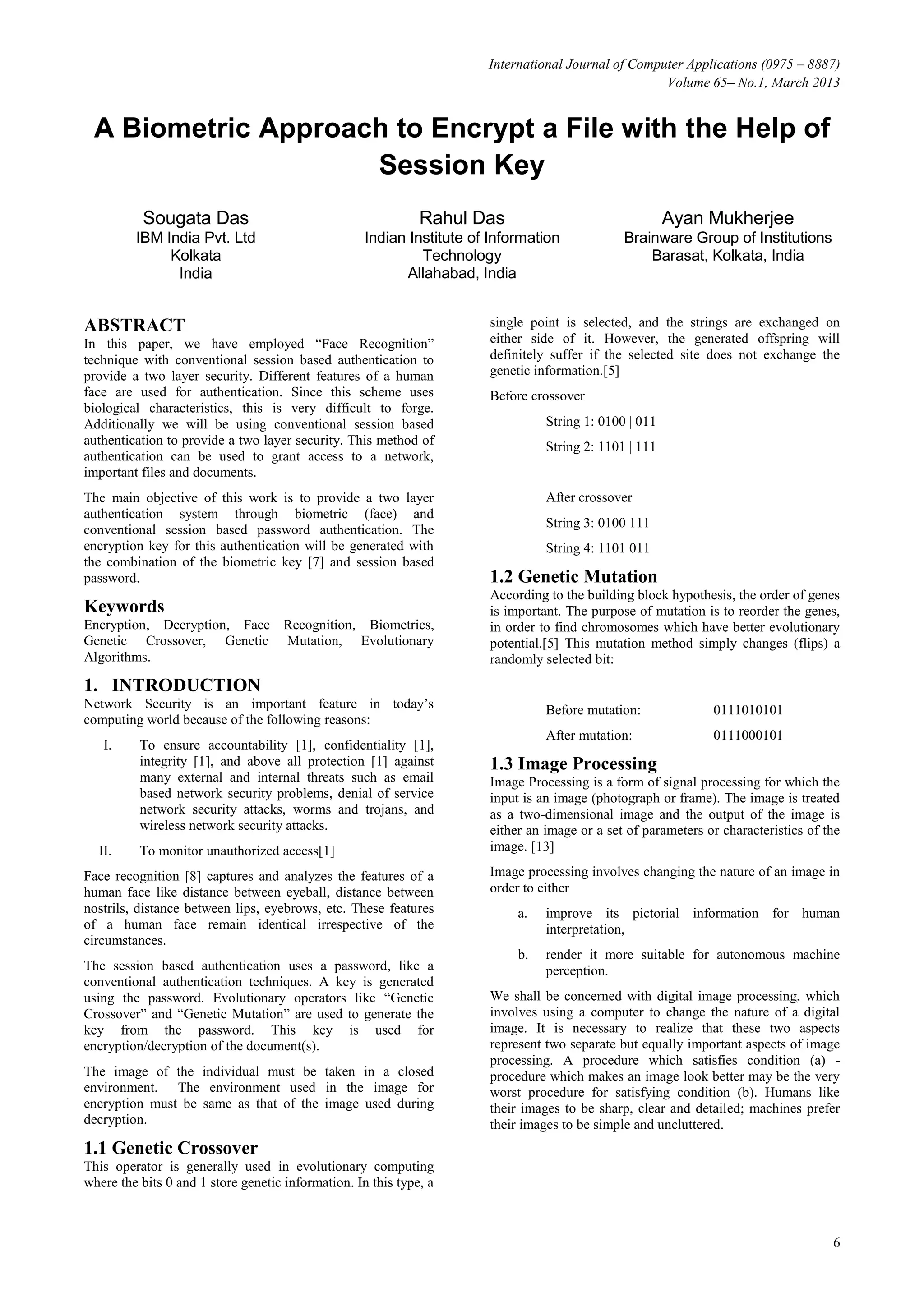 A Biometric Approach to Encrypt a File with the Help of Session Key | PDF