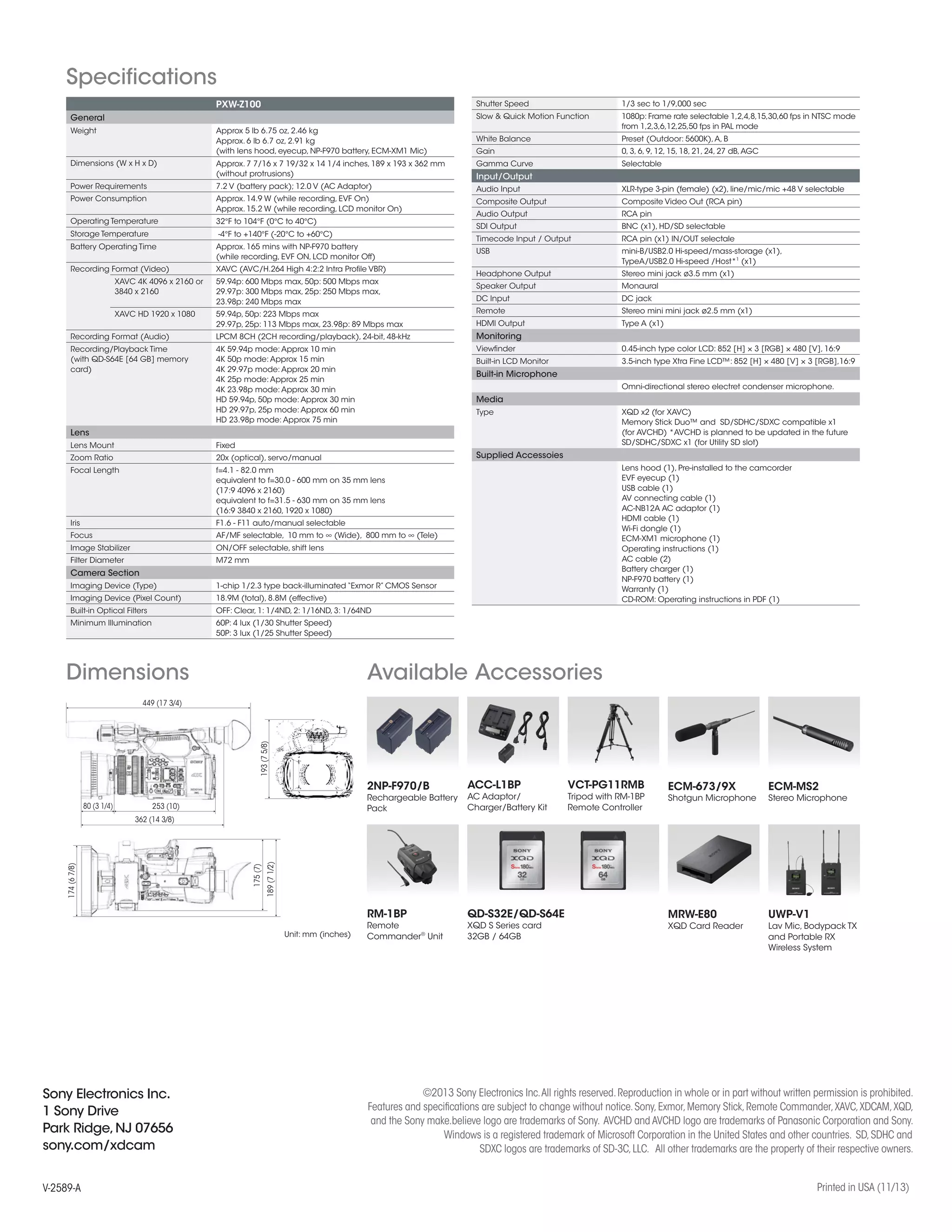 Sony PXW-Z100 Camcorder | PDF