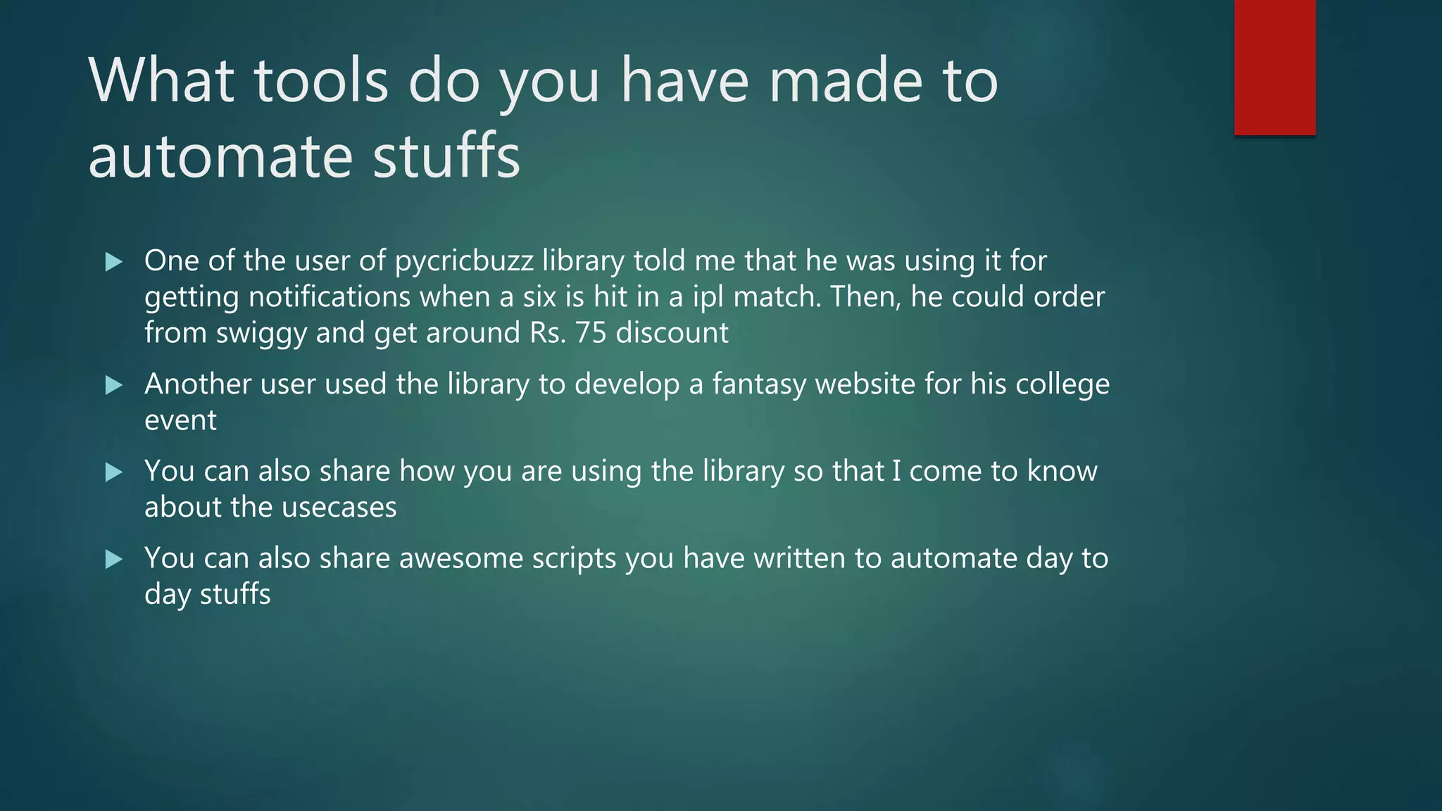 Pycricbuzz - a python library to fetch live cricket scores | PPTX