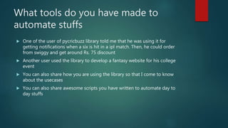 Pycricbuzz - a python library to fetch live cricket scores | PPTX